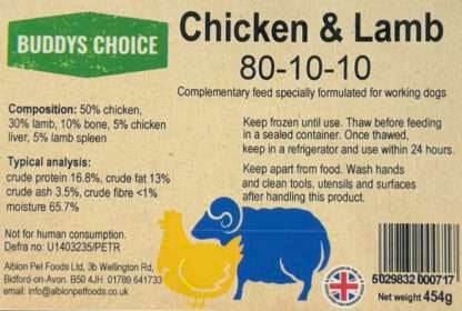 Buddys Choice Chicken And Lamb 454g 80/10/10 Albion Raw Dog Food – Pets ...
